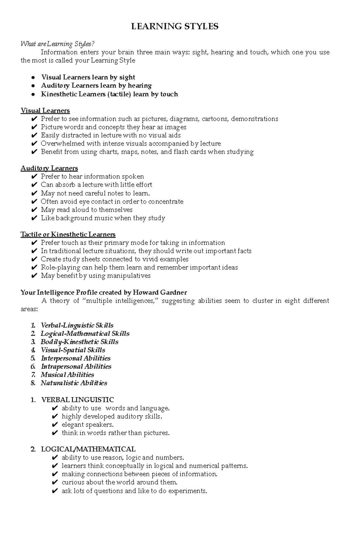 Learning Styles - LEARNING STYLES What are Learning Styles? Information ...