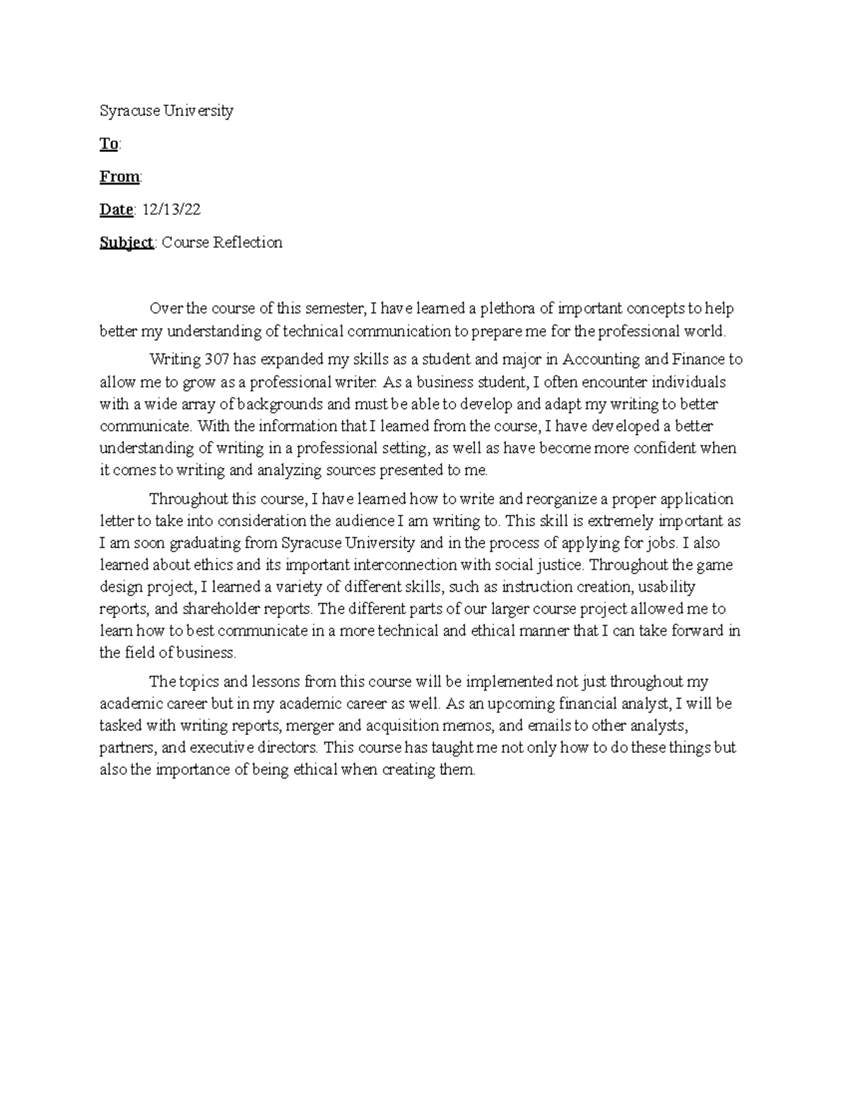 Course Reflection Memo - Syracuse University To: From: Date: 12/13 ...