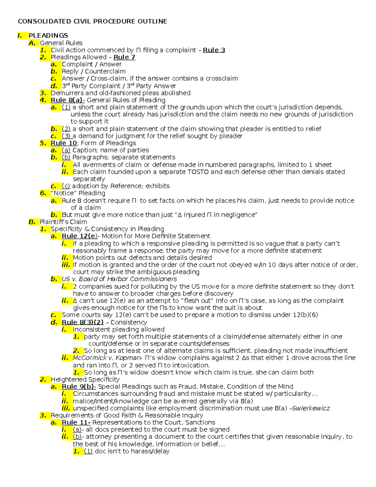 Civil Procedure Law Outline - 1 - CONSOLIDATED CIVIL PROCEDURE OUTLINE ...