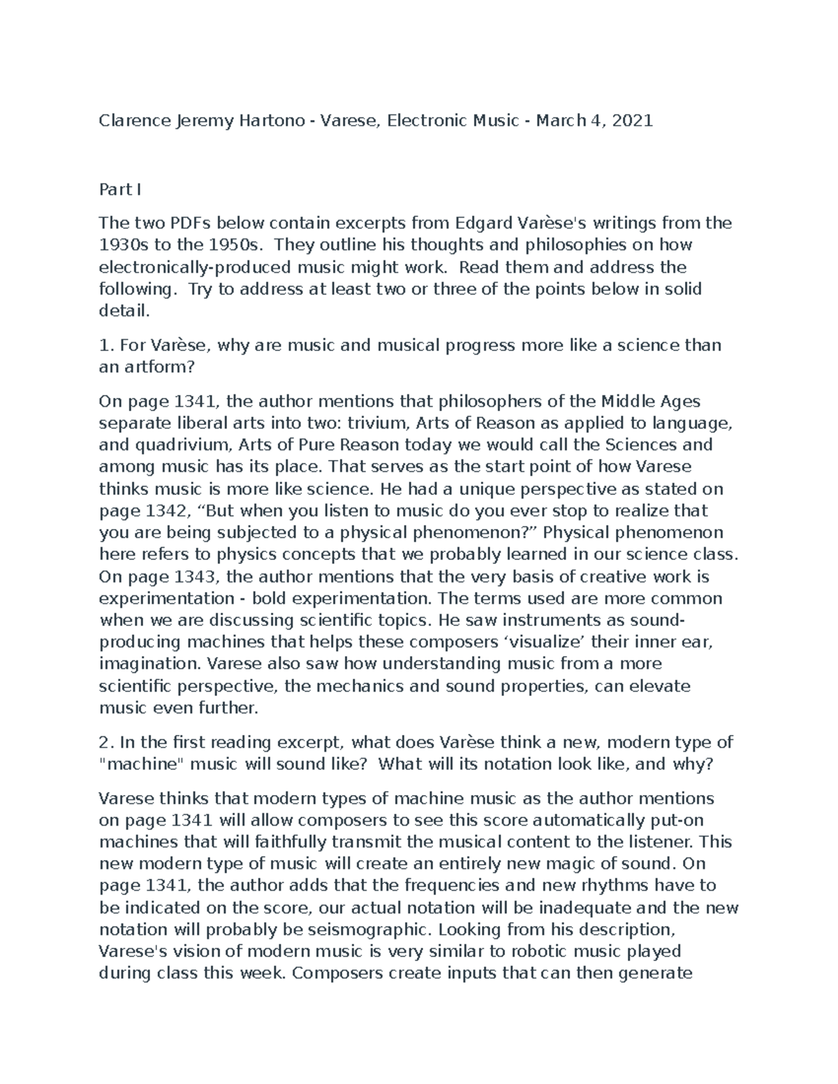 MUS-Z 130 Thursday Reading Week 7 - Clarence Jeremy Hartono - Varese ...