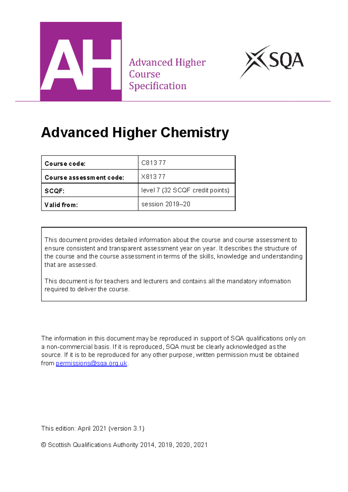 Rnqahchemistry Course Specification - Advanced Higher Chemistry Course ...