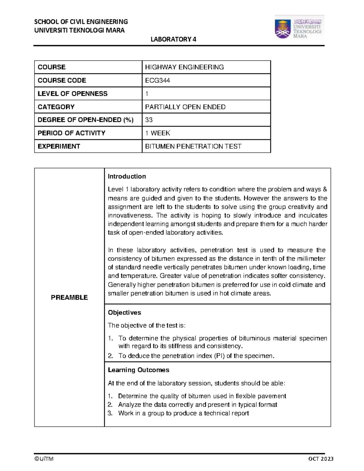 bitumen lab manual - SCHOOL OF CIVIL ENGINEERING UNIVERSITI TEKNOLOGI MARA LABORATORY 4 ©UiTM ...