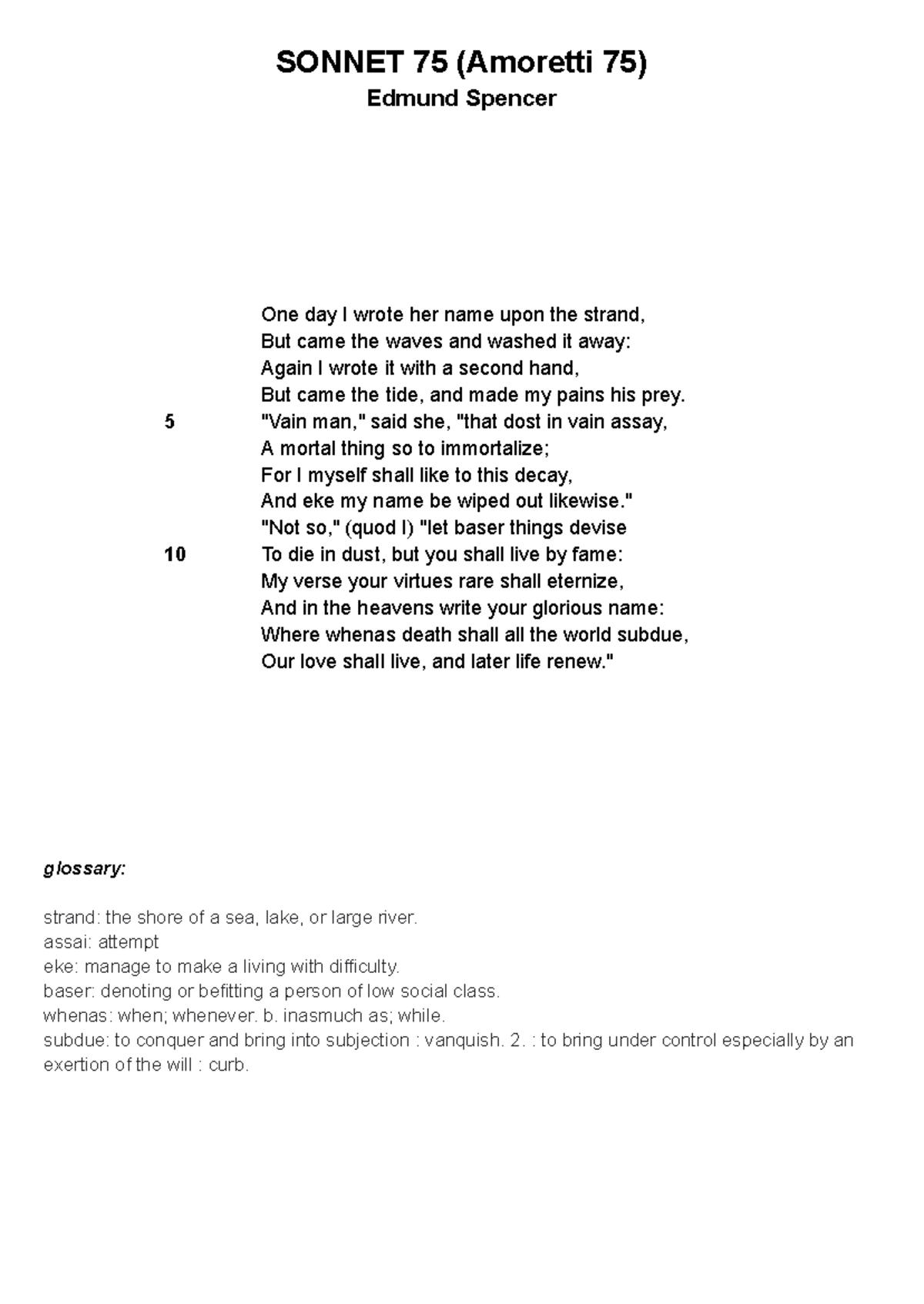 Sonnet 75 (Amoretti 75) - SONNET 75 (Amoretti 75) Edmund Spencer 5 10 ...