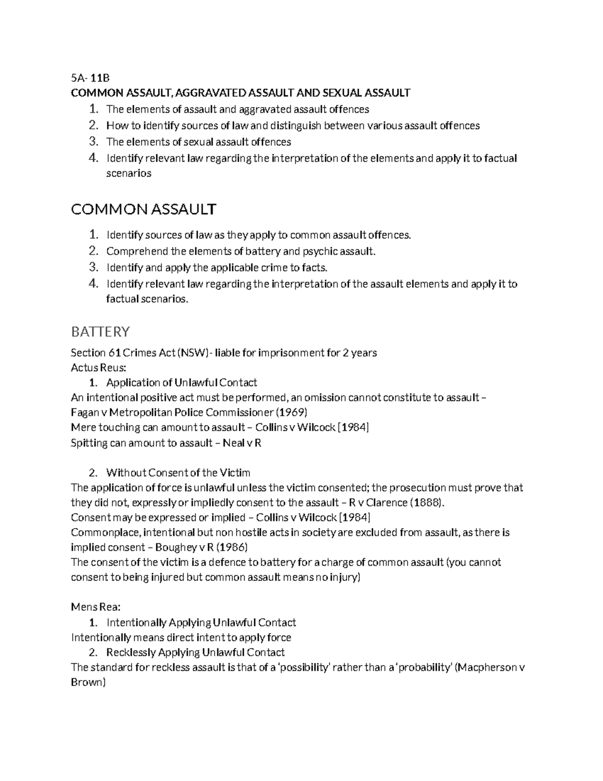 CRIM EXAM Notes - 5A- 11B COMMON ASSAULT, AGGRAVATED ASSAULT AND SEXUAL ...