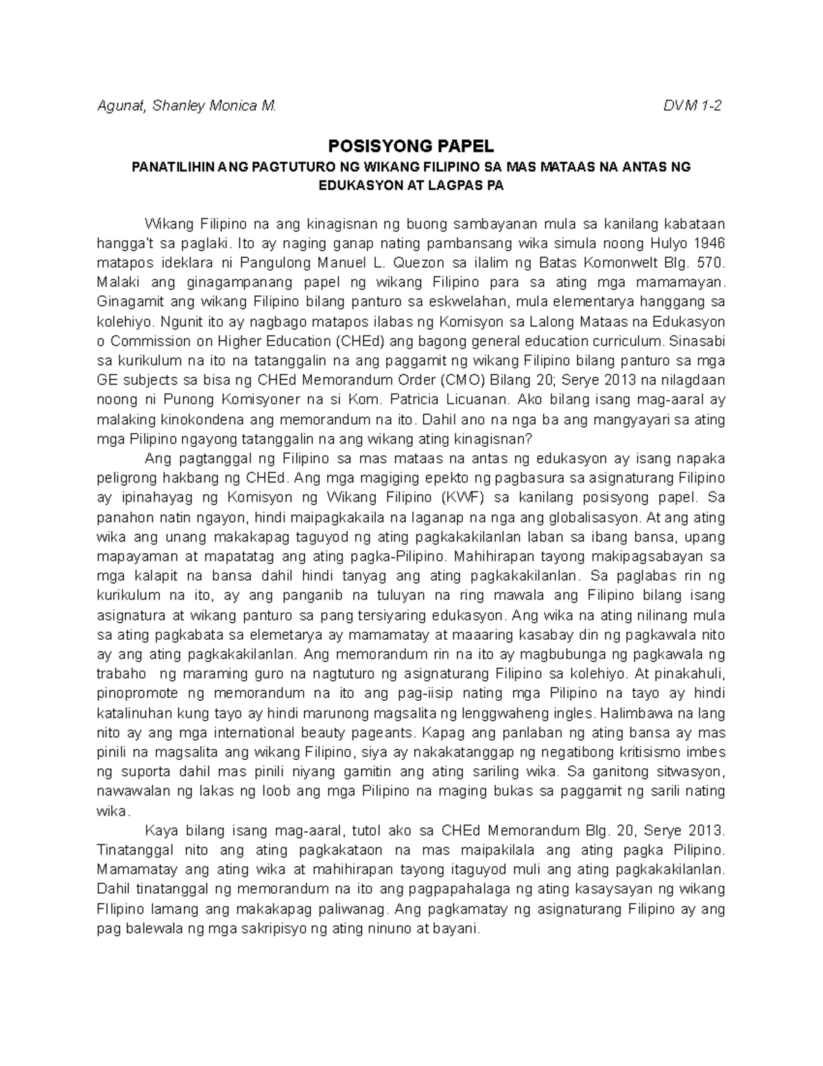 Posisyong Papel - Agunat, Shanley Monica M. DVM 1- POSISYONG PAPEL ...