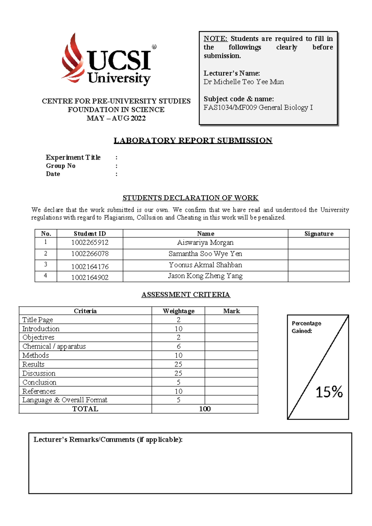 FAS1034 MF009 Lab Report 1 & 2 draft - LABORATORY REPORT SUBMISSION ...
