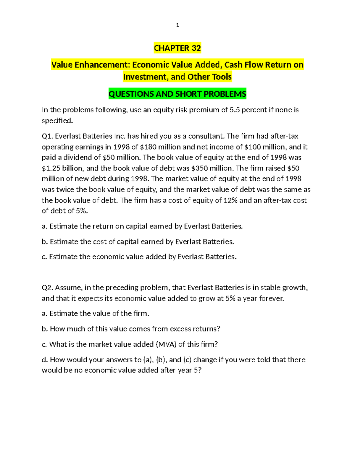 FINA 410-Ch 32-Questions and Short Problems - CHAPTER 32 Value ...