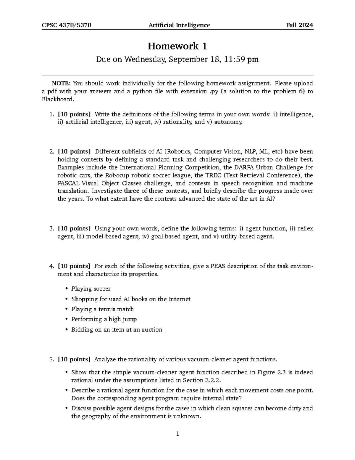 Homework 1 - HW1 - CPSC 4370/5370 Artificial Intelligence Fall 2024 ...