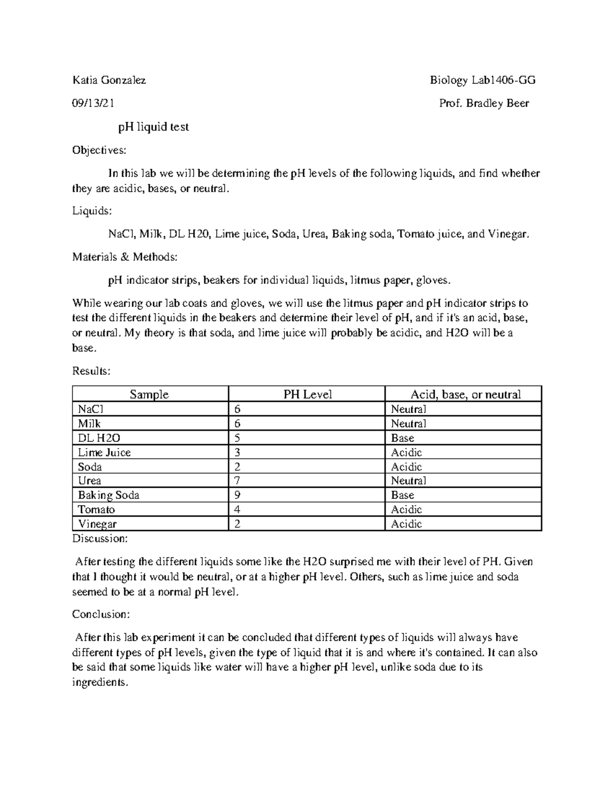 Lab Report PH liquid test - Katia Gonzalez Biology Lab1406-GG 09/13/21 ...