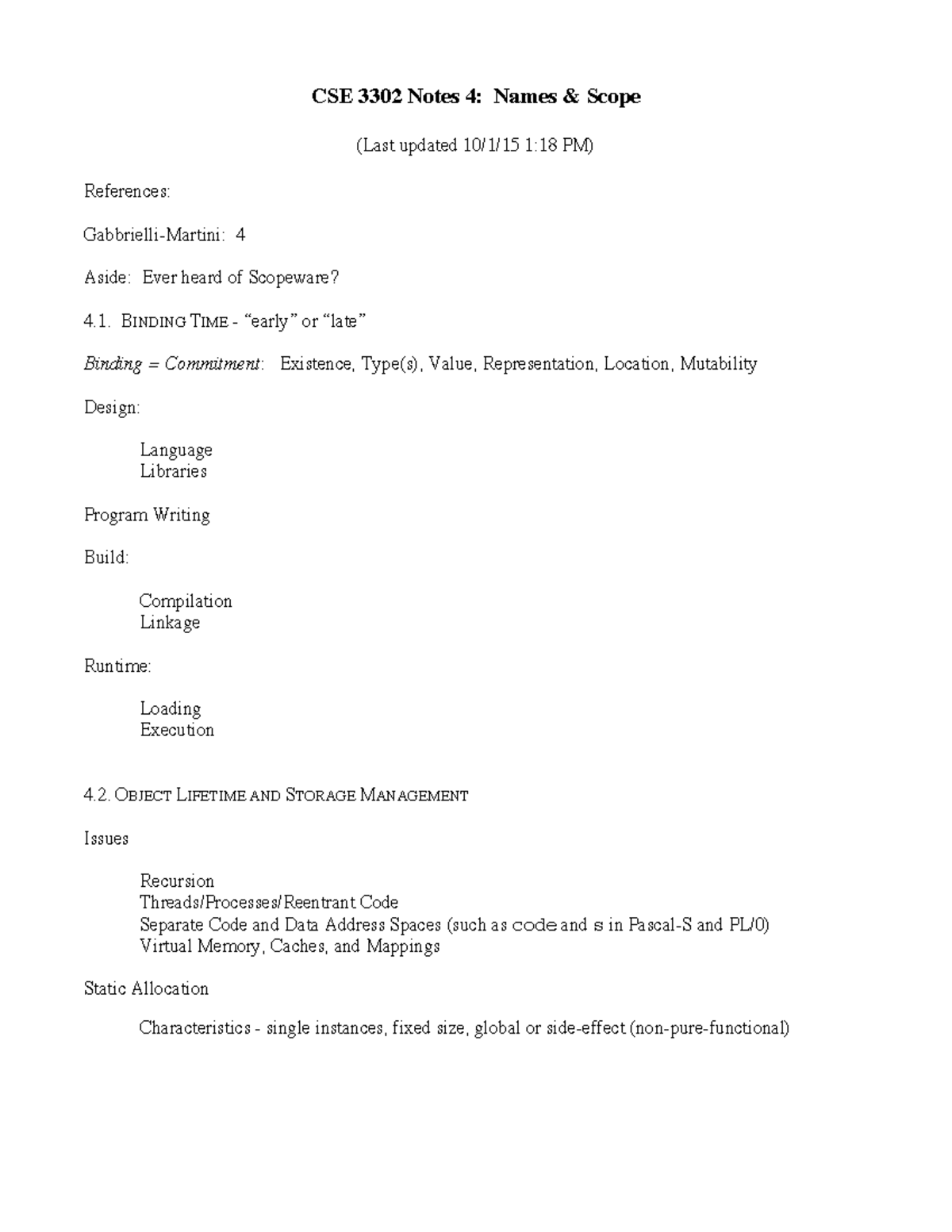 Notes 04 - CSE 3302 Notes 4: Names & Scope (Last updated 10/1/15 1:18 ...