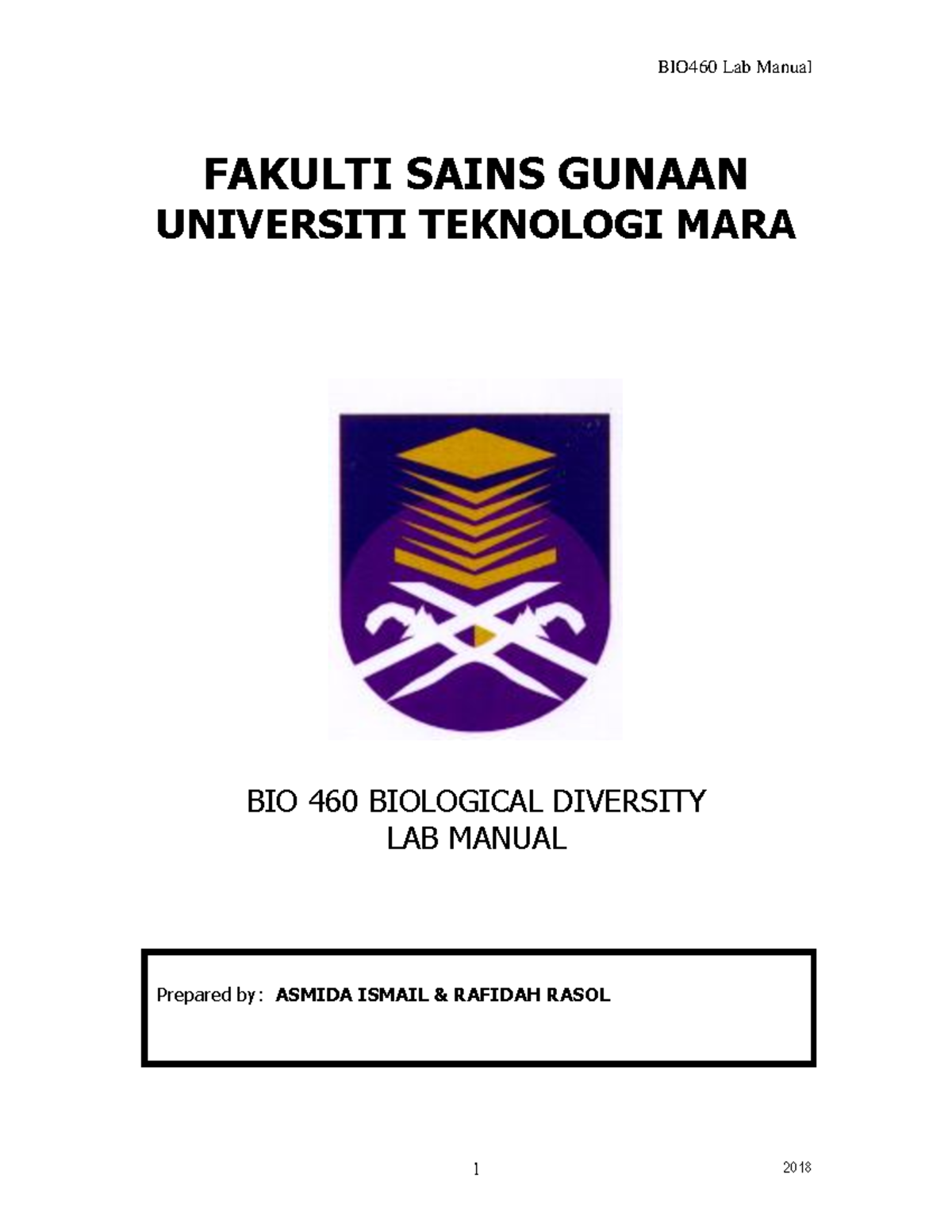 BIO460 LAB Manual Updated - FAKULTI SAINS GUNAAN UNIVERSITI TEKNOLOGI MARA BIO 460 BIOLOGICAL ...