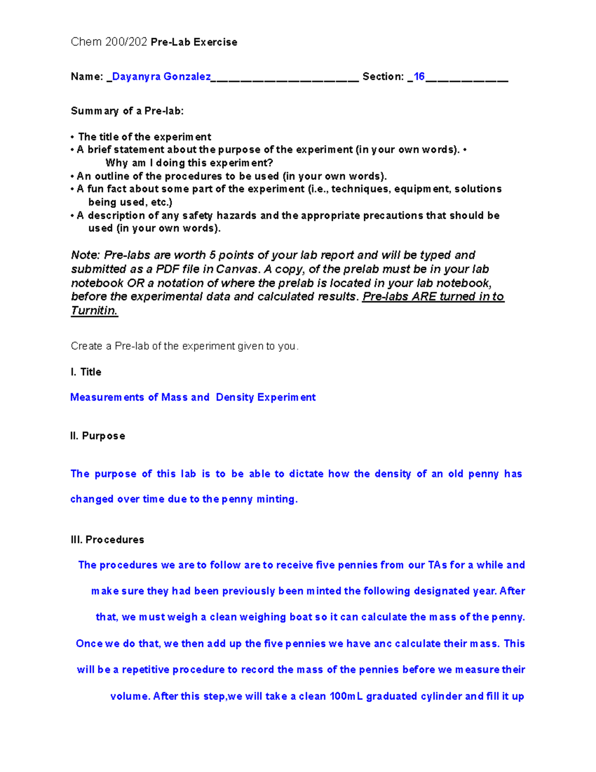 How to write a Pre-lab Worksheet 1.30.23 (Mass and Density Experiment) - Chem 200/202 Pre-Lab ...