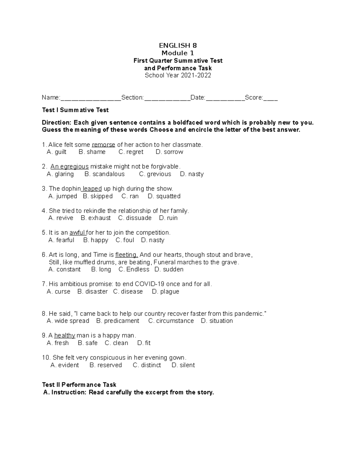 Grade 8 Summative Test for Quarter 1 Module 1 - ENGLISH 8 Module 1 ...