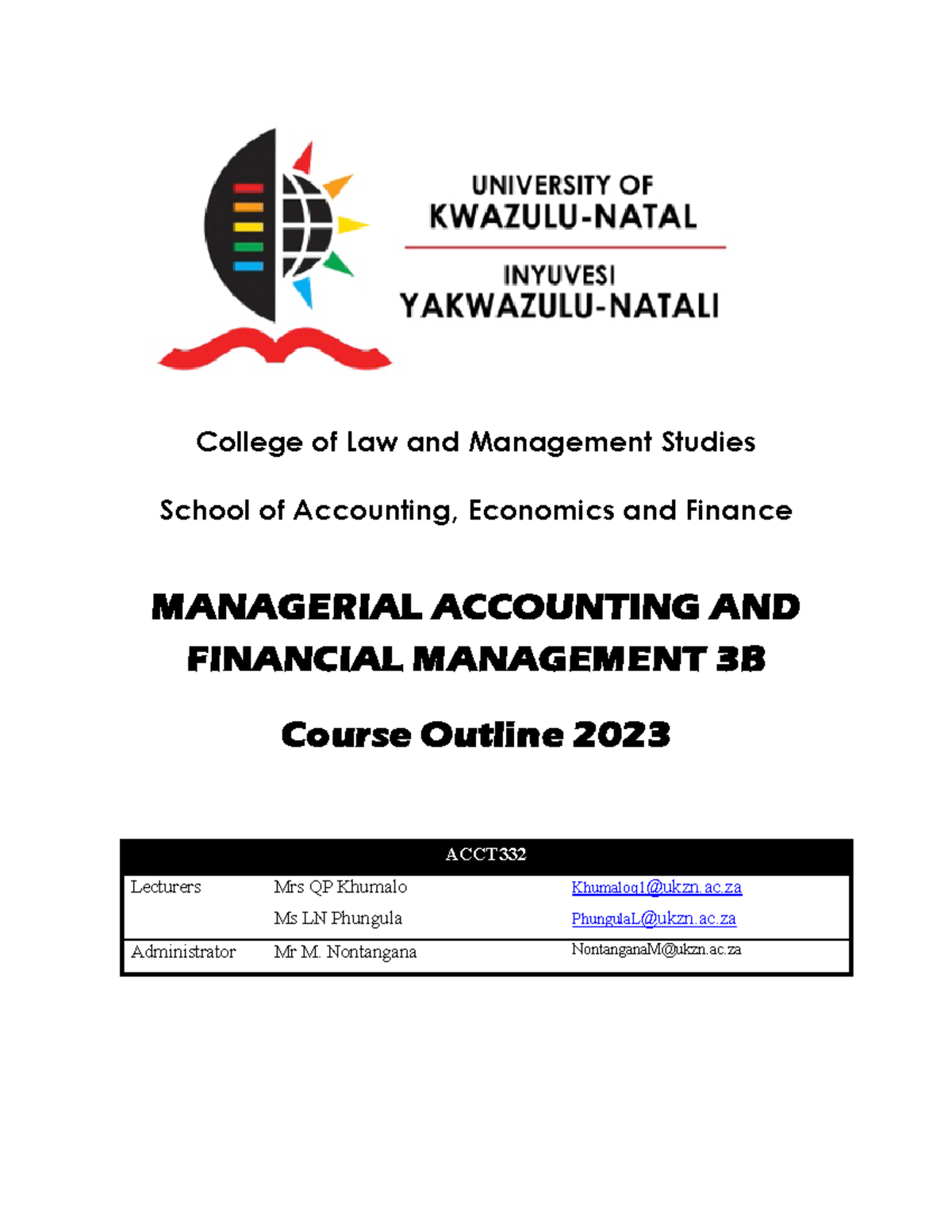ACCT332 Module Outline 2023 - WST - College of Law and Management Studies School of Accounting ...