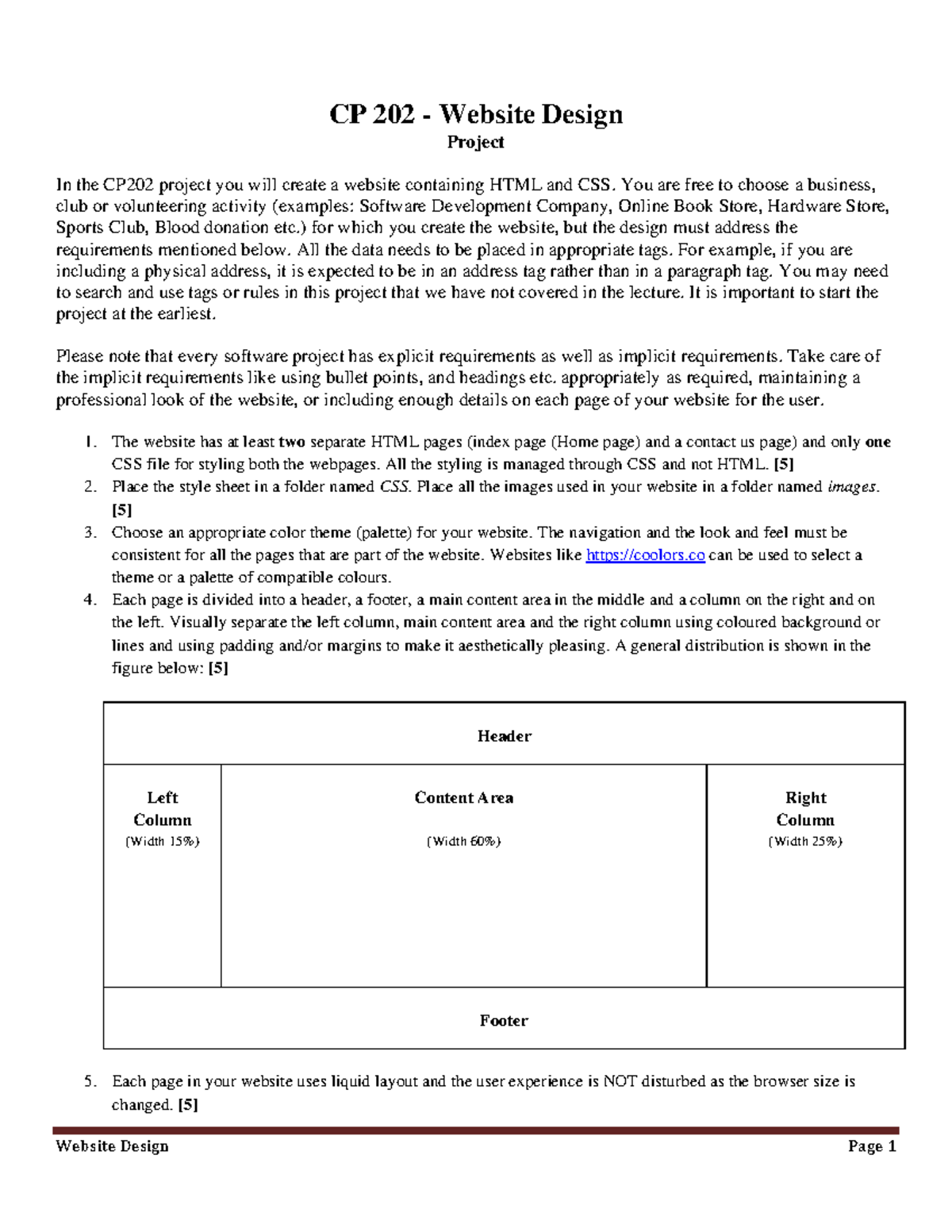 Project - tutorial work - Website Design Page 1 CP 202 - Website Design ...