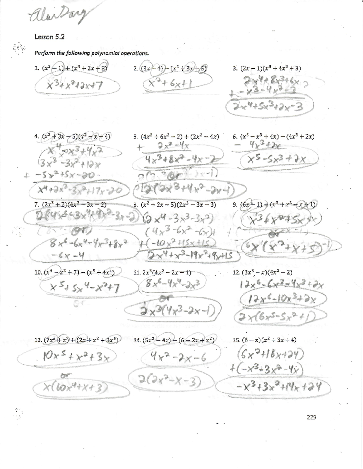 Alg 2 k - Alg 2 k - Alarya Lesson 5 Perform the following polynomial operations. 1. 2. 3. 4x2 3 ...
