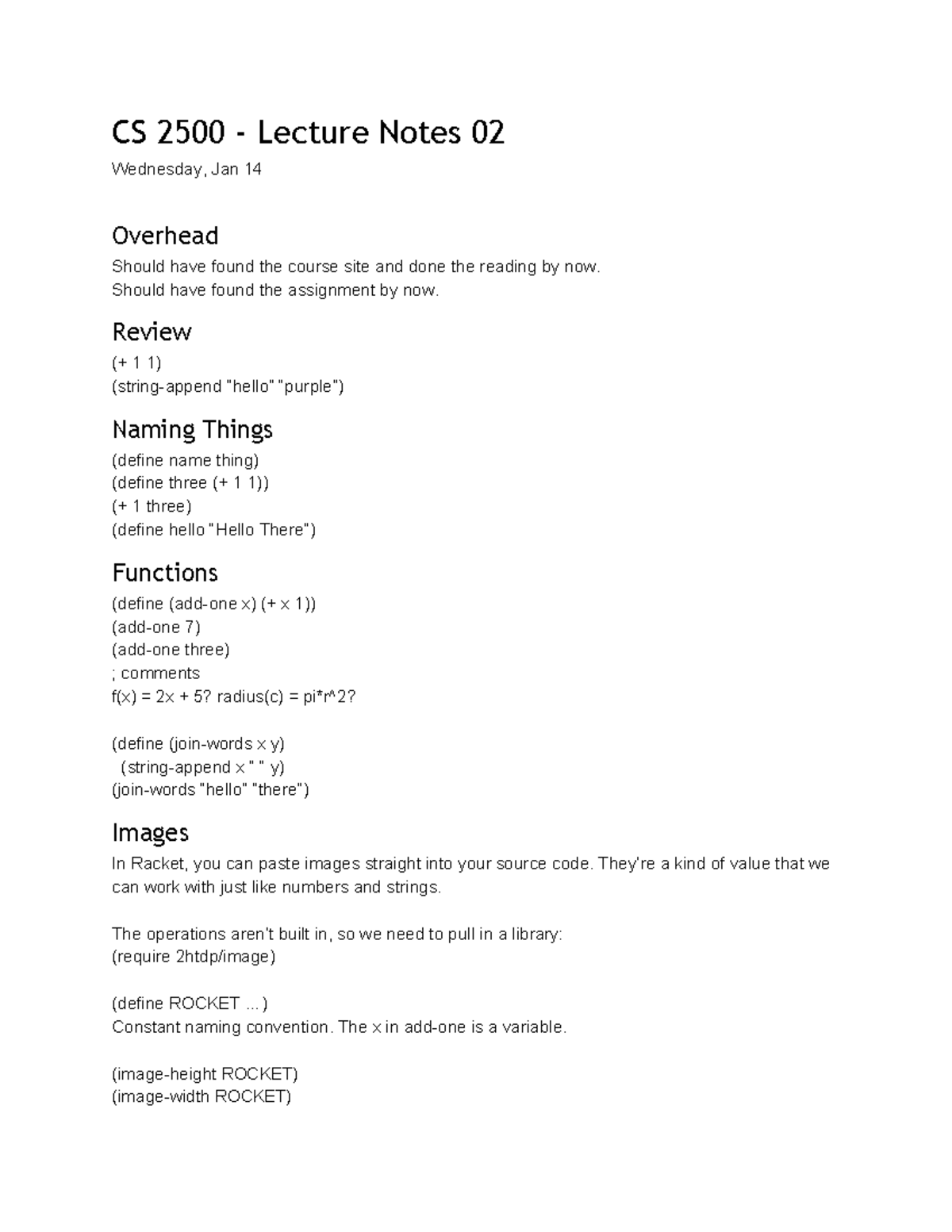 CS 2500 2016 notes 2 - CS 2500 - Lecture Notes 02 Wednesday, Jan 14 ...