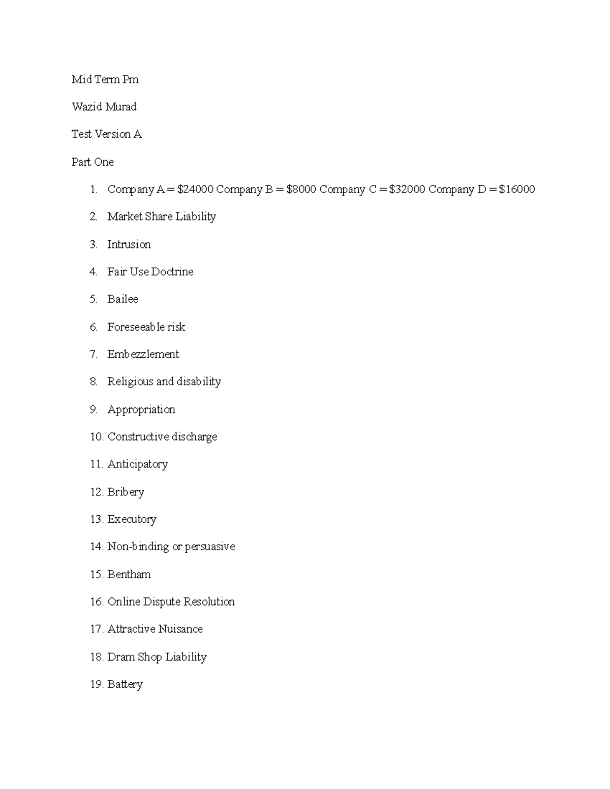 Mid Term LAW 1101 - mid - Mid Term Pm Wazid Murad Test Version A Part ...