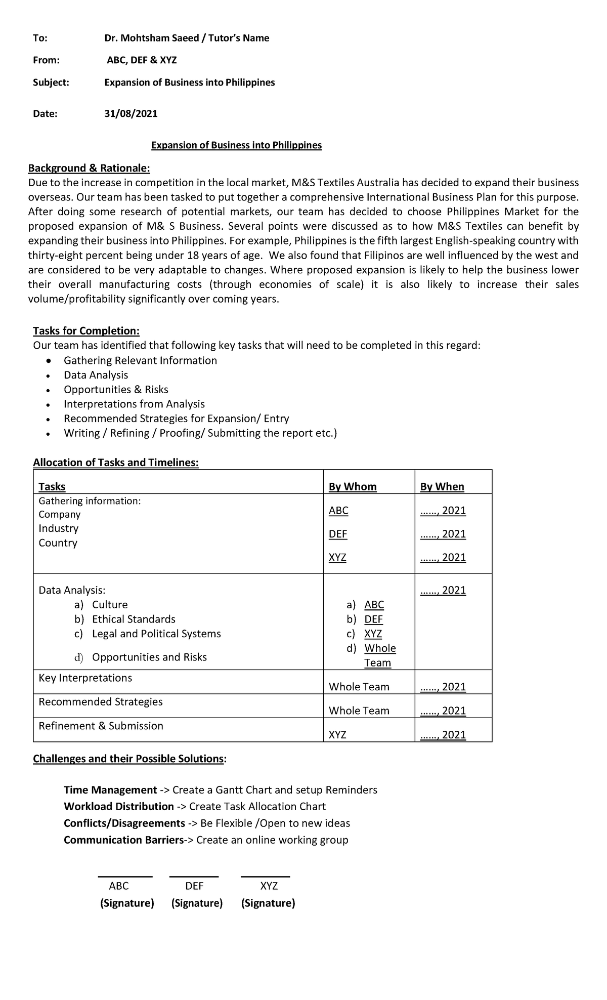 Example - One Page Memo - To: Dr. Mohtsham Saeed / Tutor’s Name From ...
