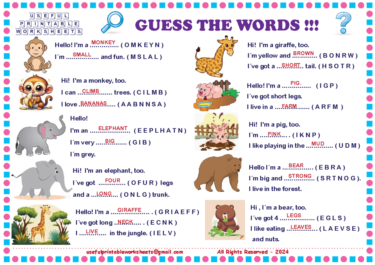463 - Animals - answer key - usefulprintableworksheets@gmail All Rights ...