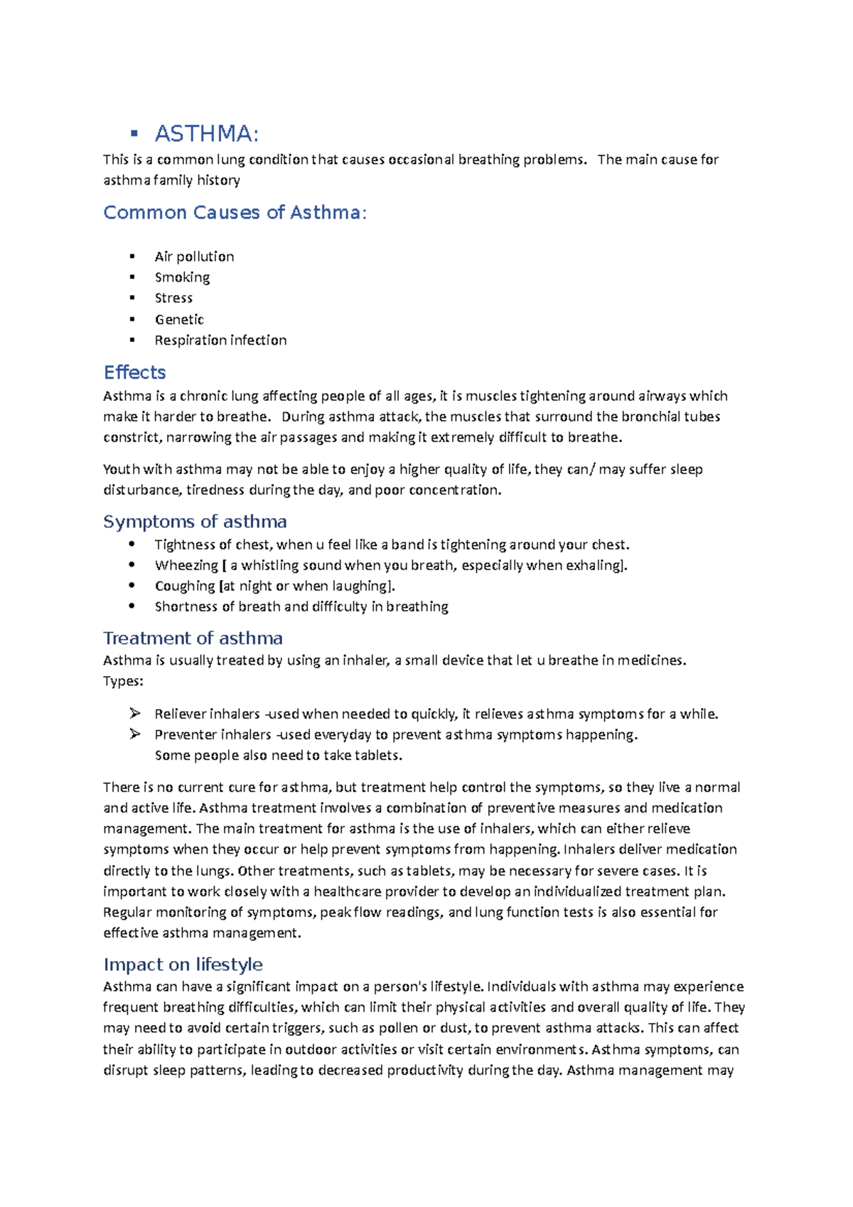 Asthma - ASTHMA: This is a common lung condition that causes occasional ...