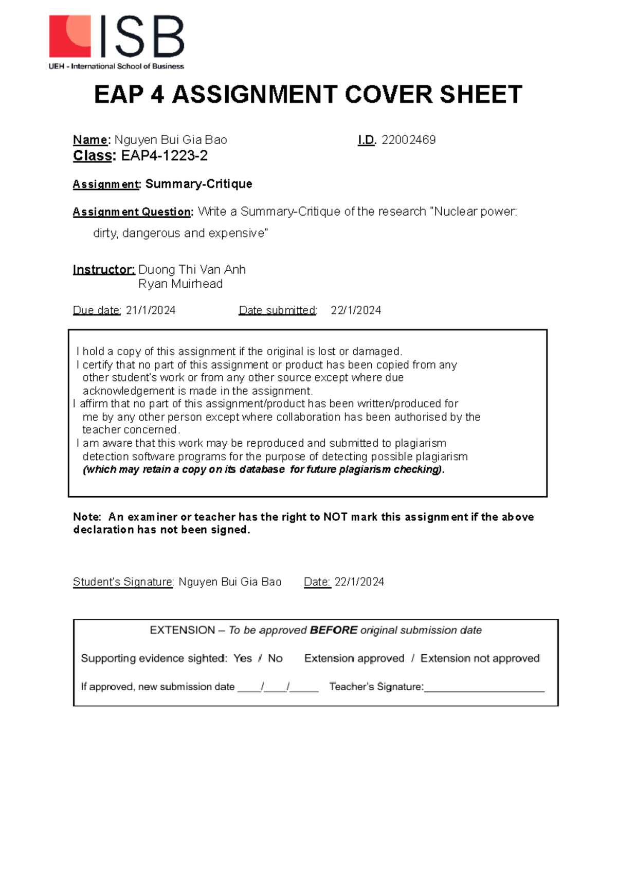 EAP 4 Assignment - Gia Bao.docx - EAP 4 ASSIGNMENT COVER SHEET Name: Nguyen Bui Gia Bao I ...
