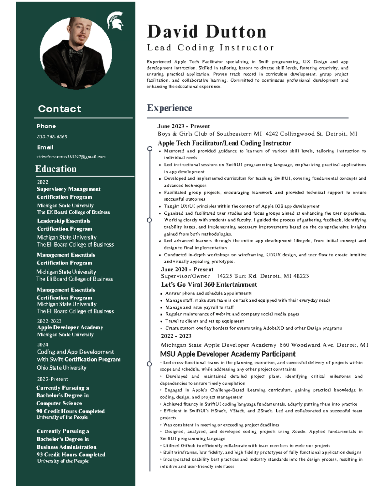 David Dutton Resume May - Contact Education 313-768- Phone ...