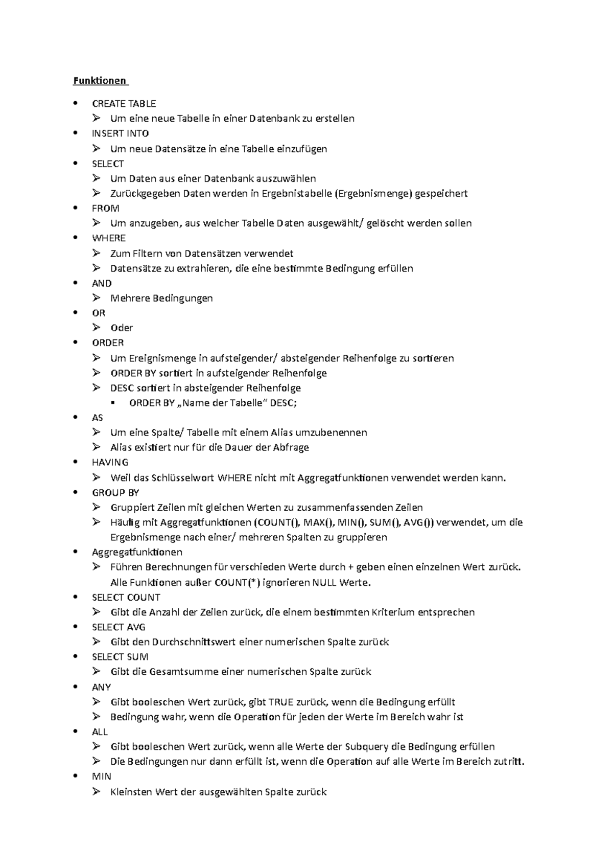 Funktionen die in der Vorlesung verwendet wurden - Funktionen CREATE ...