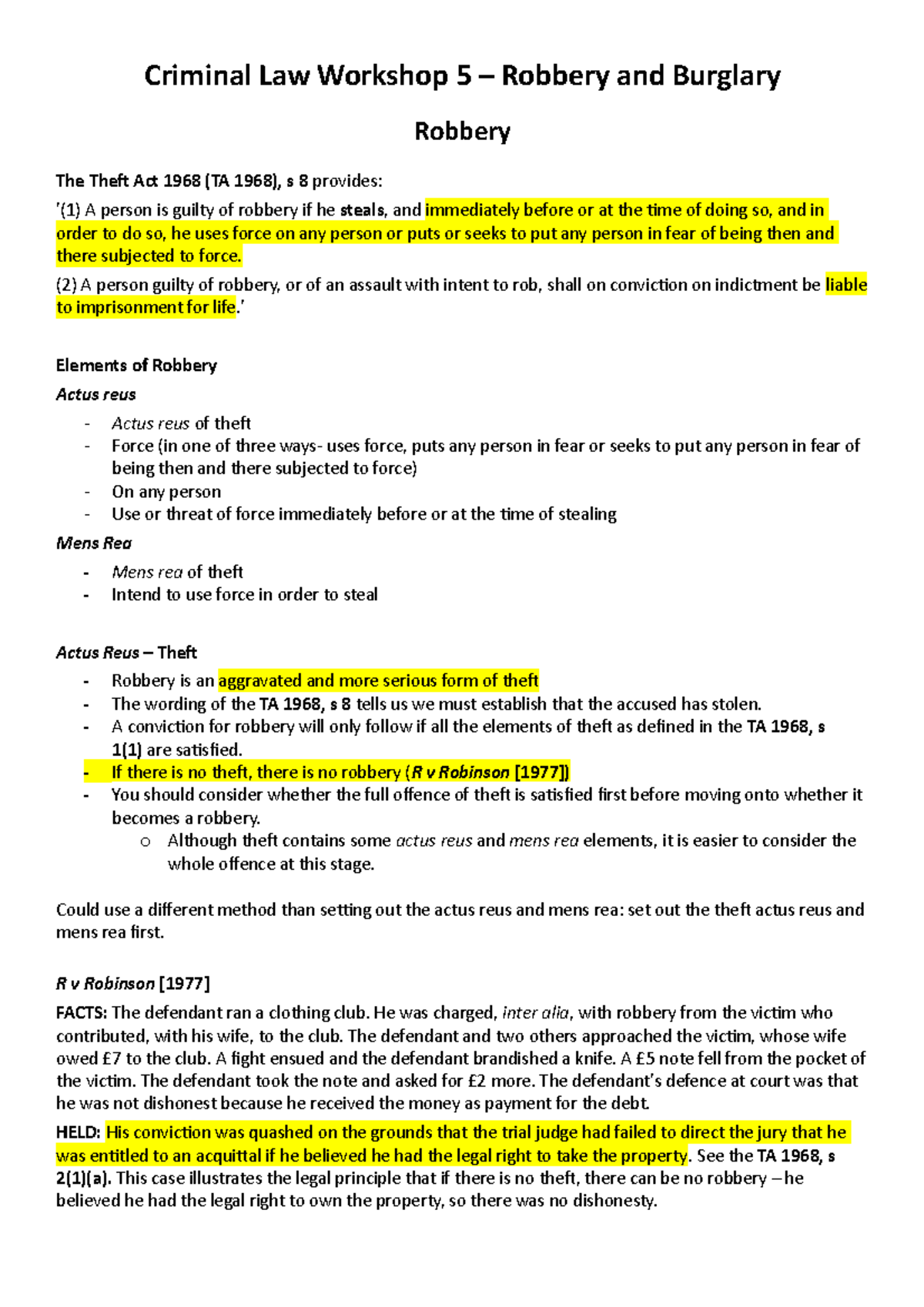Crime Week 5 Prepare - Criminal Law Workshop 5 – Robbery and Burglary ...