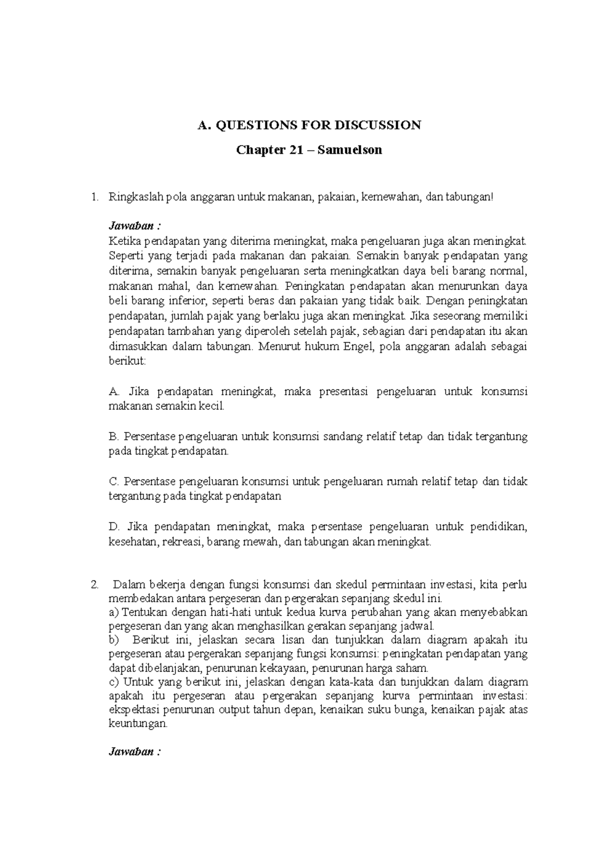 Makro Samueson - Chapter 21 - A. QUESTIONS FOR DISCUSSION Chapter 21 ...
