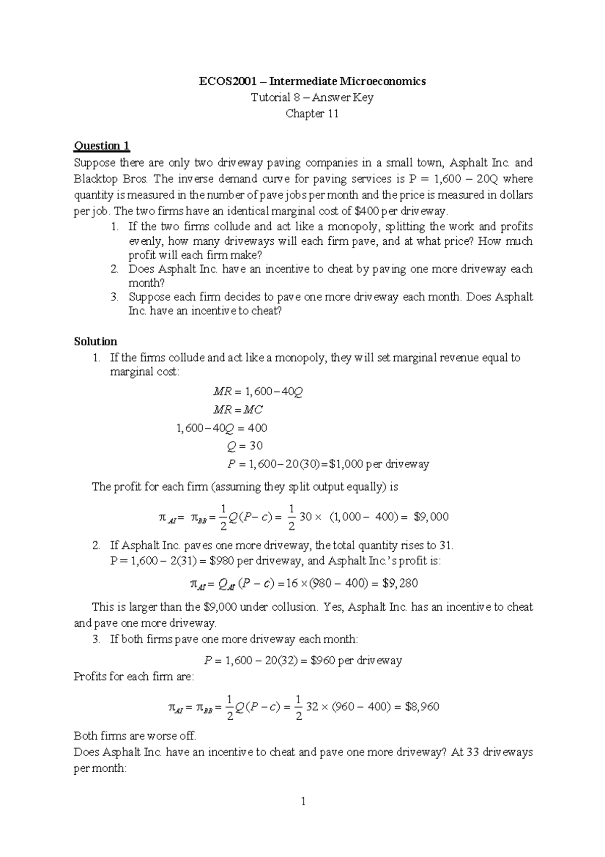 Tutorial 8 - Answer Key - tut 8 - ECOS2001 – Intermediate Microeconomics Tutorial 8 – Answer Key ...