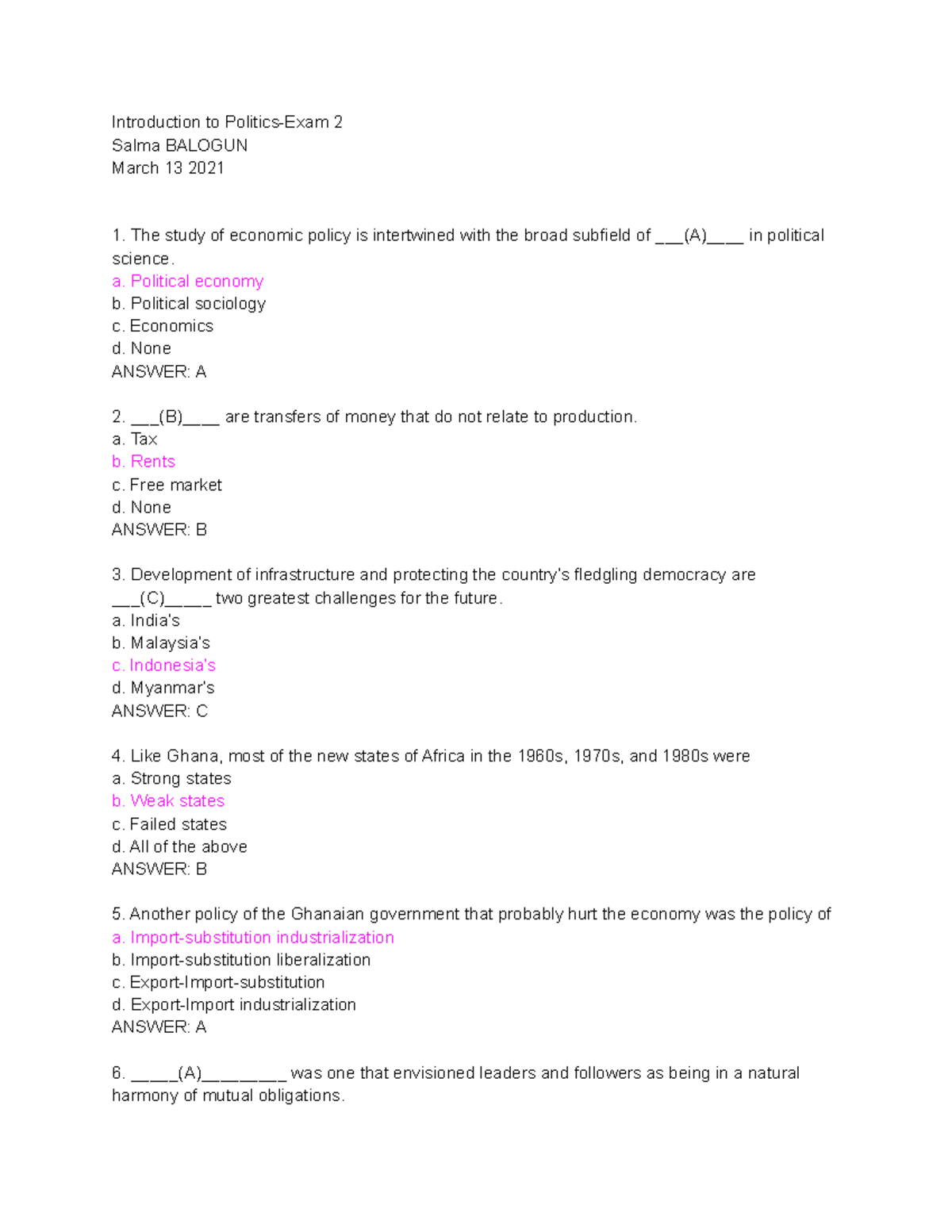 Exam 2 - Exam review in Political science class testing on economic ...
