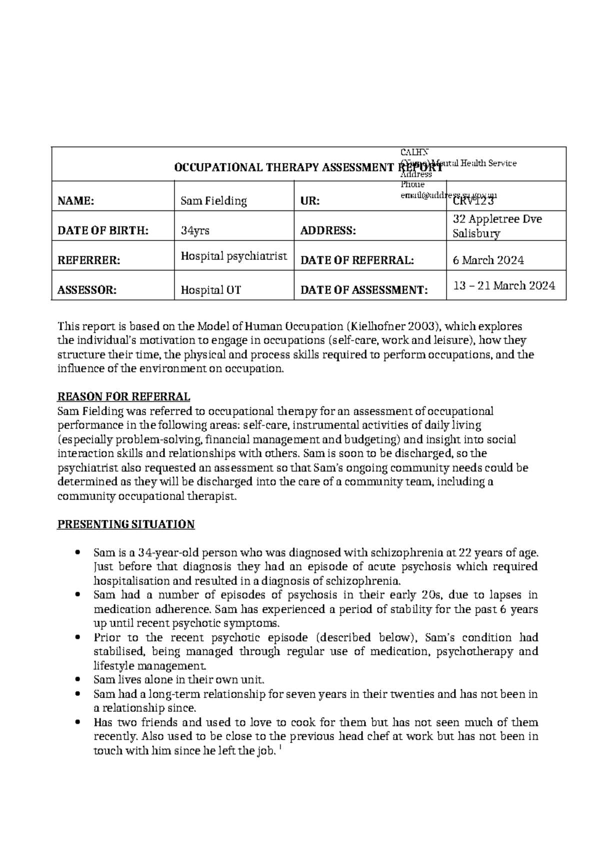 Assignment 2 ot in mental health, mr jones - OCCUPATIONAL THERAPY ...