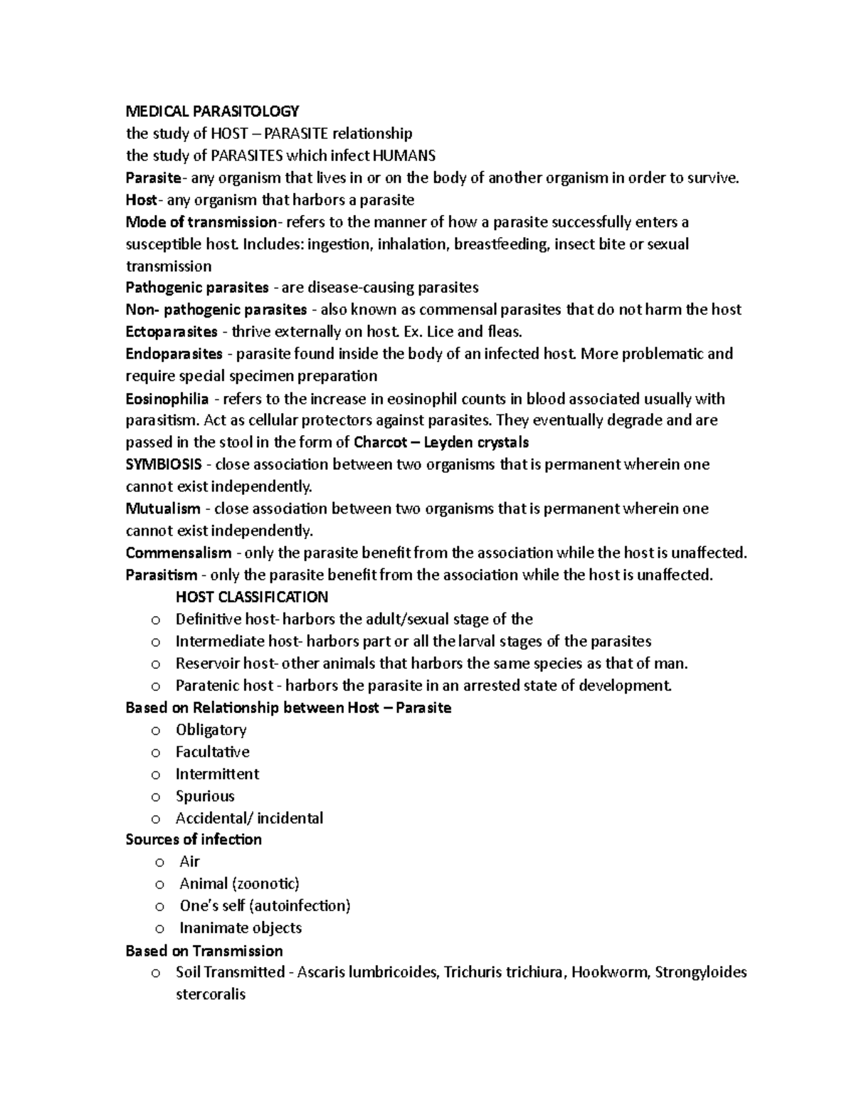 parasitology lec notes - MEDICAL PARASITOLOGY the study of HOST ...