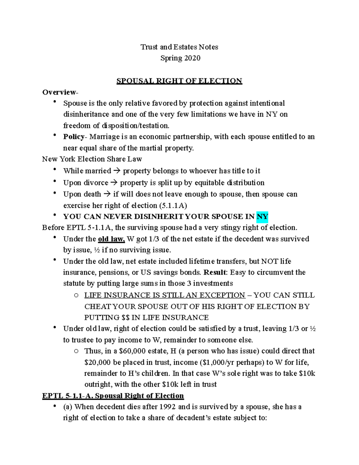 Spousal Right OF Election - Trust and Estates Notes Spring 2020 SPOUSAL ...