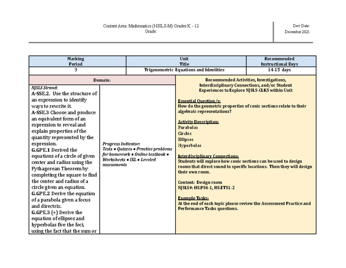 Algebra 2 Unit 8 Conic Sections 2022-23 - Content Area: Mathematics ...