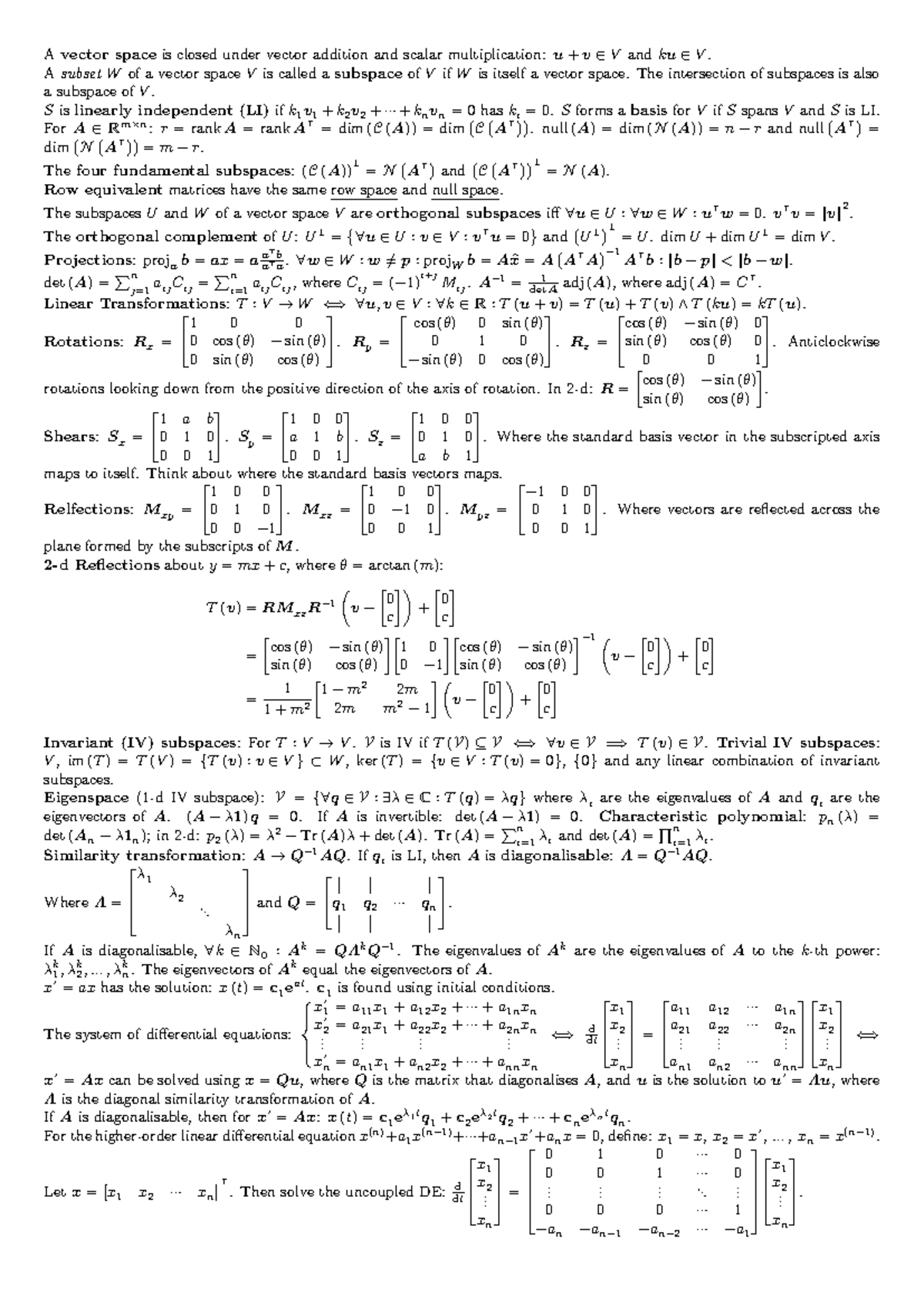 MXB106 Exam Notes - A vector space is closed under vector addition and ...