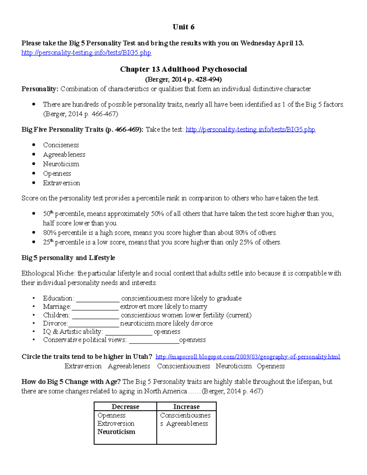 Unit 6 Chapter 13 Adulthood Psychosocial - Unit 6 Please take the Big 5 ...