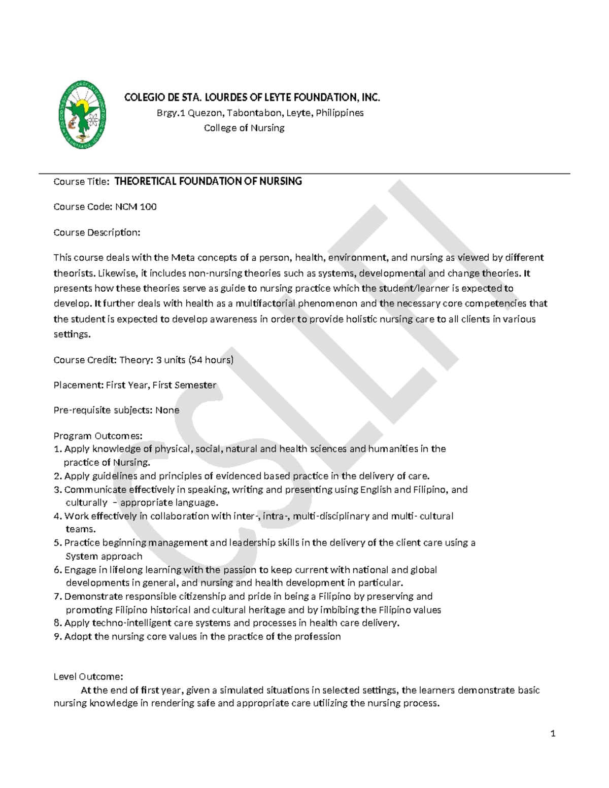 Course-Outline TFN - outline - COLEGIO DE STA. LOURDES OF LEYTE ...