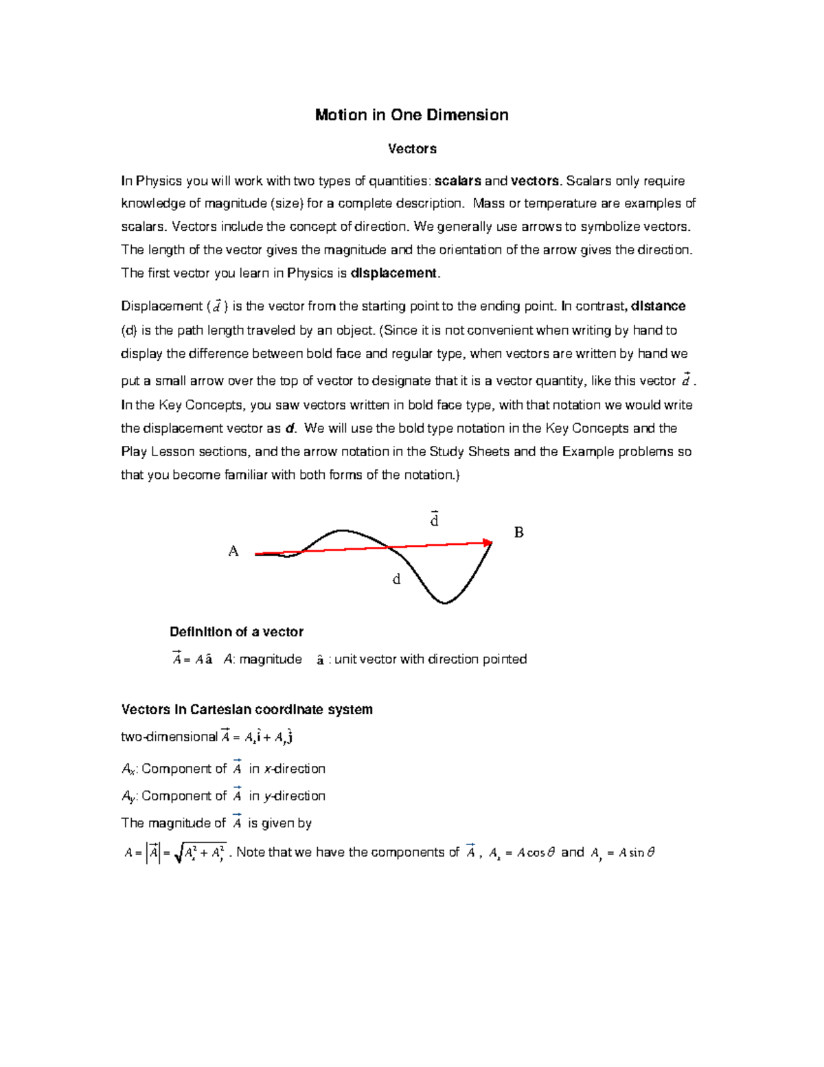 Lesson 1studysheet - bas - Motion in One Dimension Vectors In Physics ...