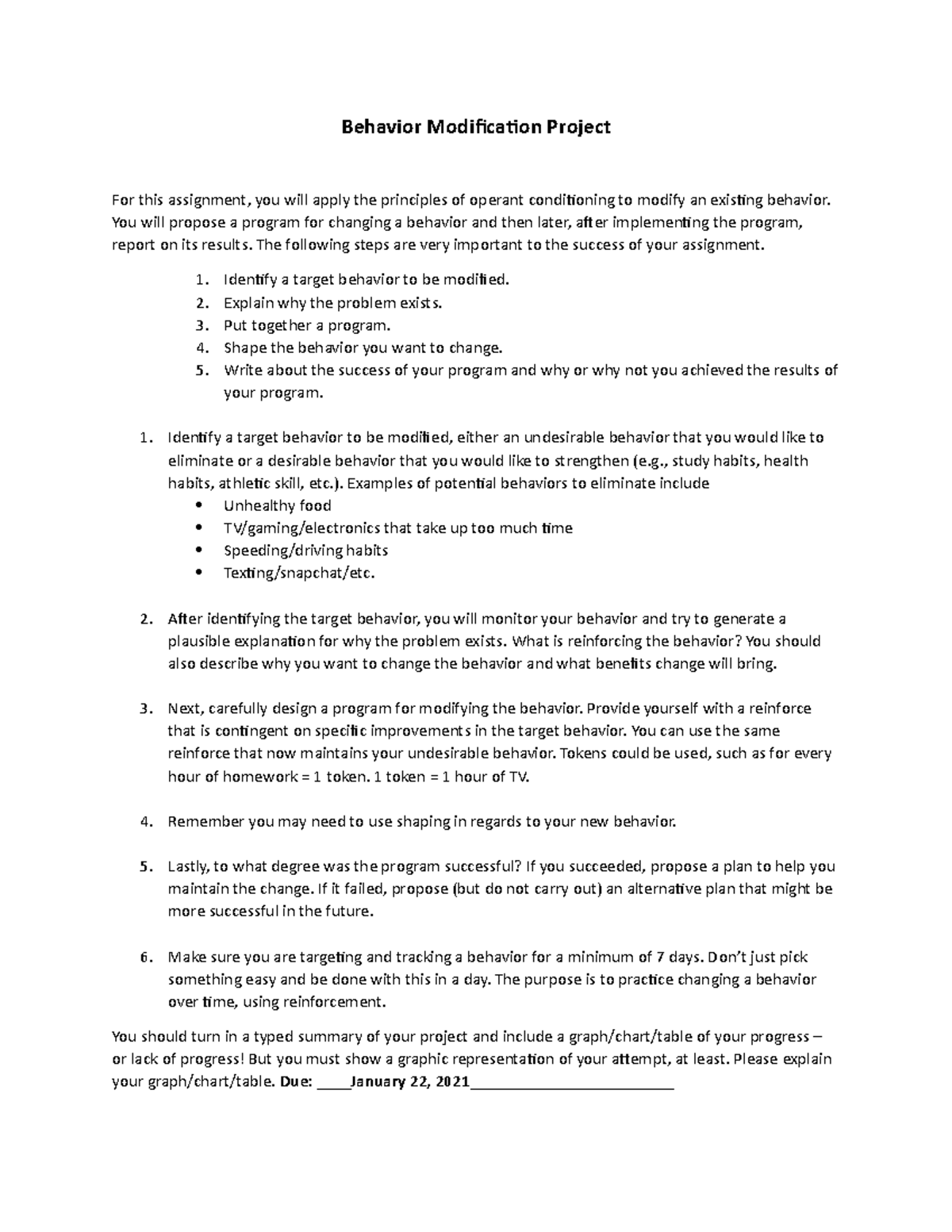 Behavior Modification Project - You will propose a program for changing ...