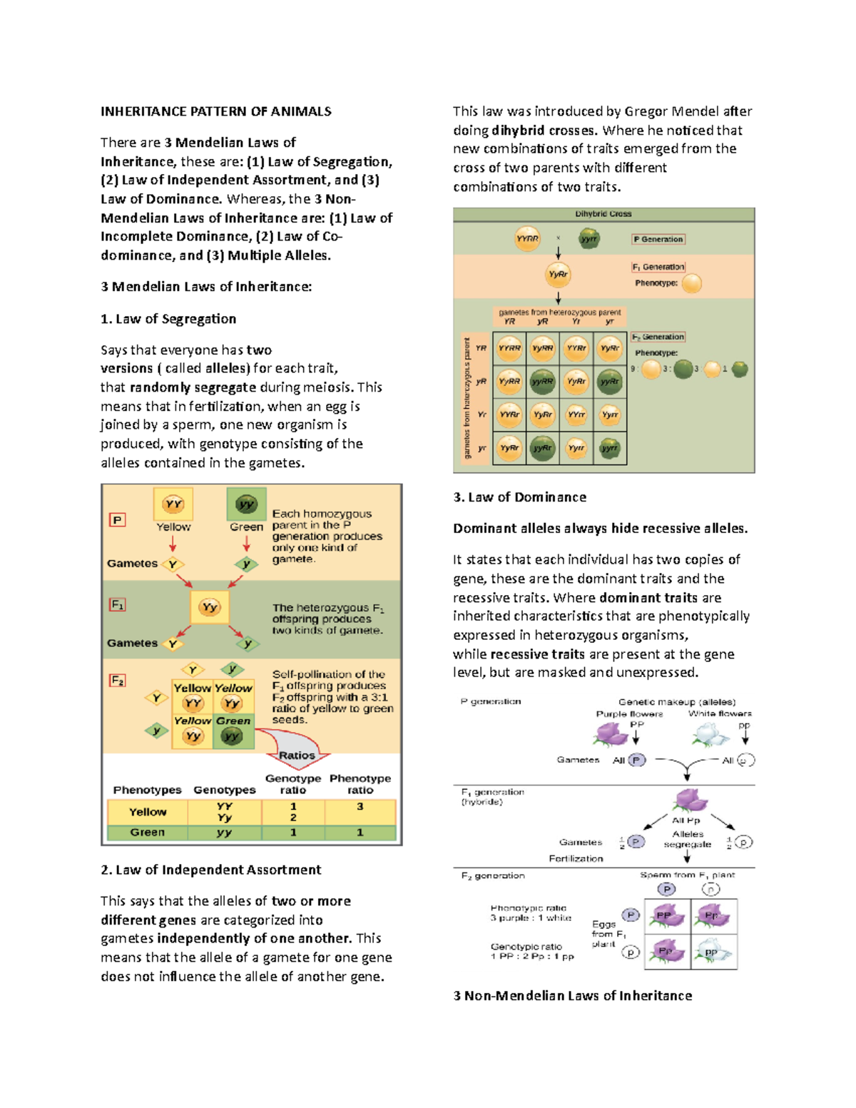 Zoology Lecture Finals - INHERITANCE PATTERN OF ANIMALS There are 3 Mendelian Laws of ...