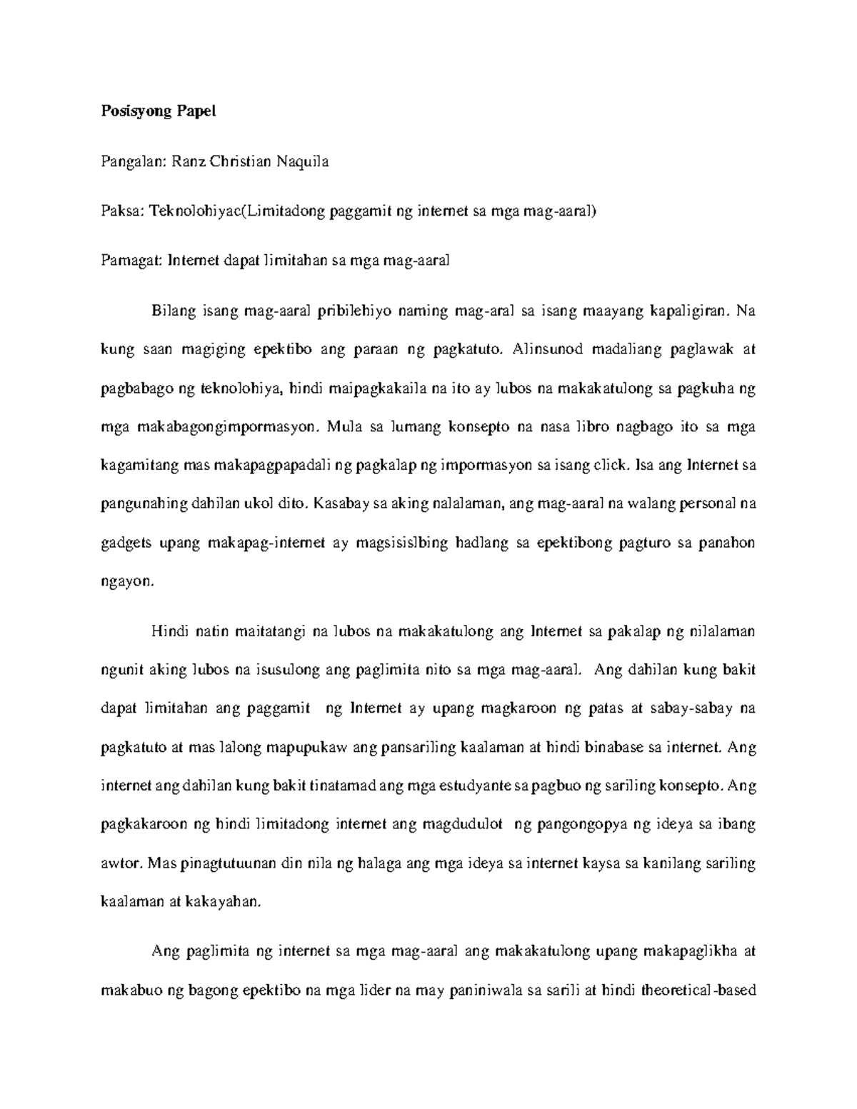 Posisyong Papel - None - Posisyong Papel Pangalan: Ranz Christian ...