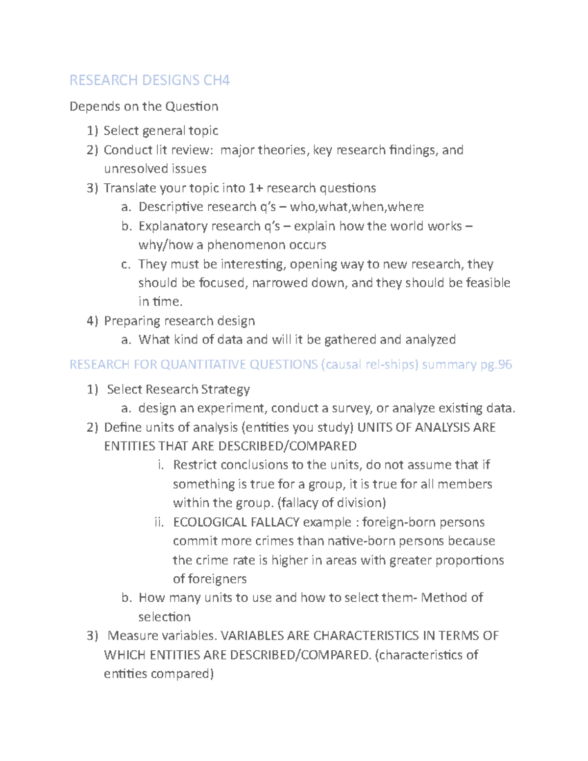 Research Designs CH4 - Summary notes, key points and descriptions on ...