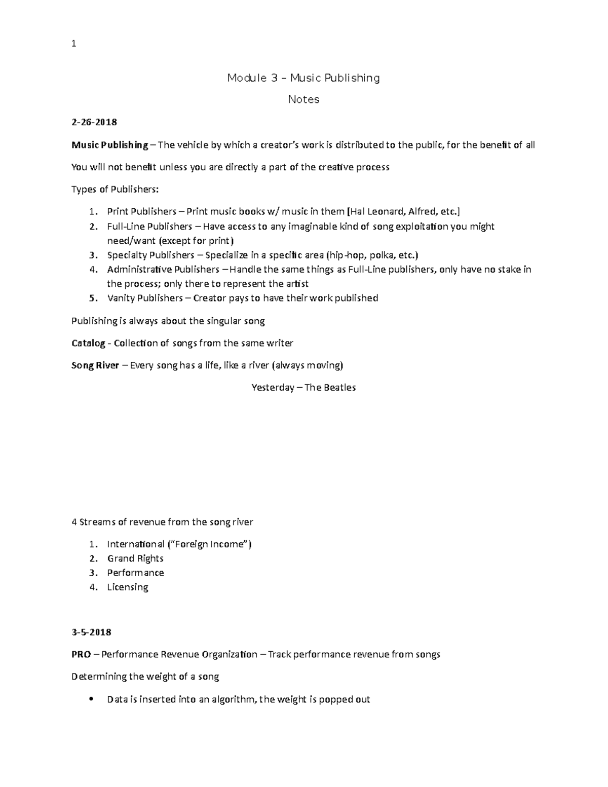 Module 3 notes - 1 Module 3 – Music Publishing Notes 2-26-2018 Music ...
