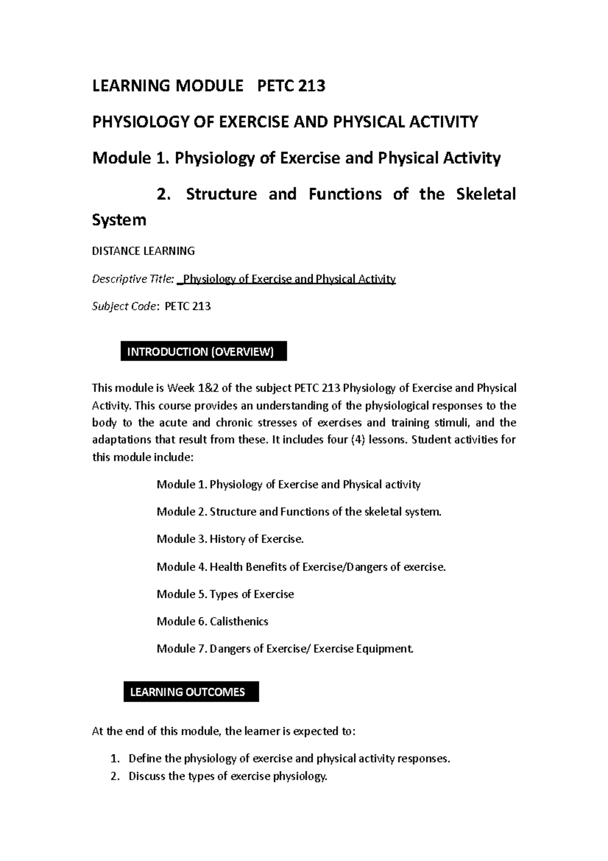 Learning Module PETC 213 - LEARNING MODULE PETC 213 PHYSIOLOGY OF ...