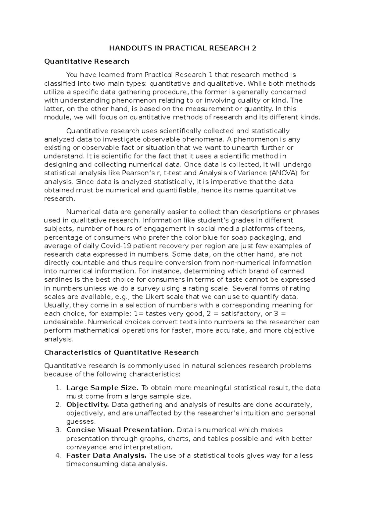 Lesson 1-2 - HANDOUTS IN PRACTICAL RESEARCH 2 Quantitative Research You have learned from ...