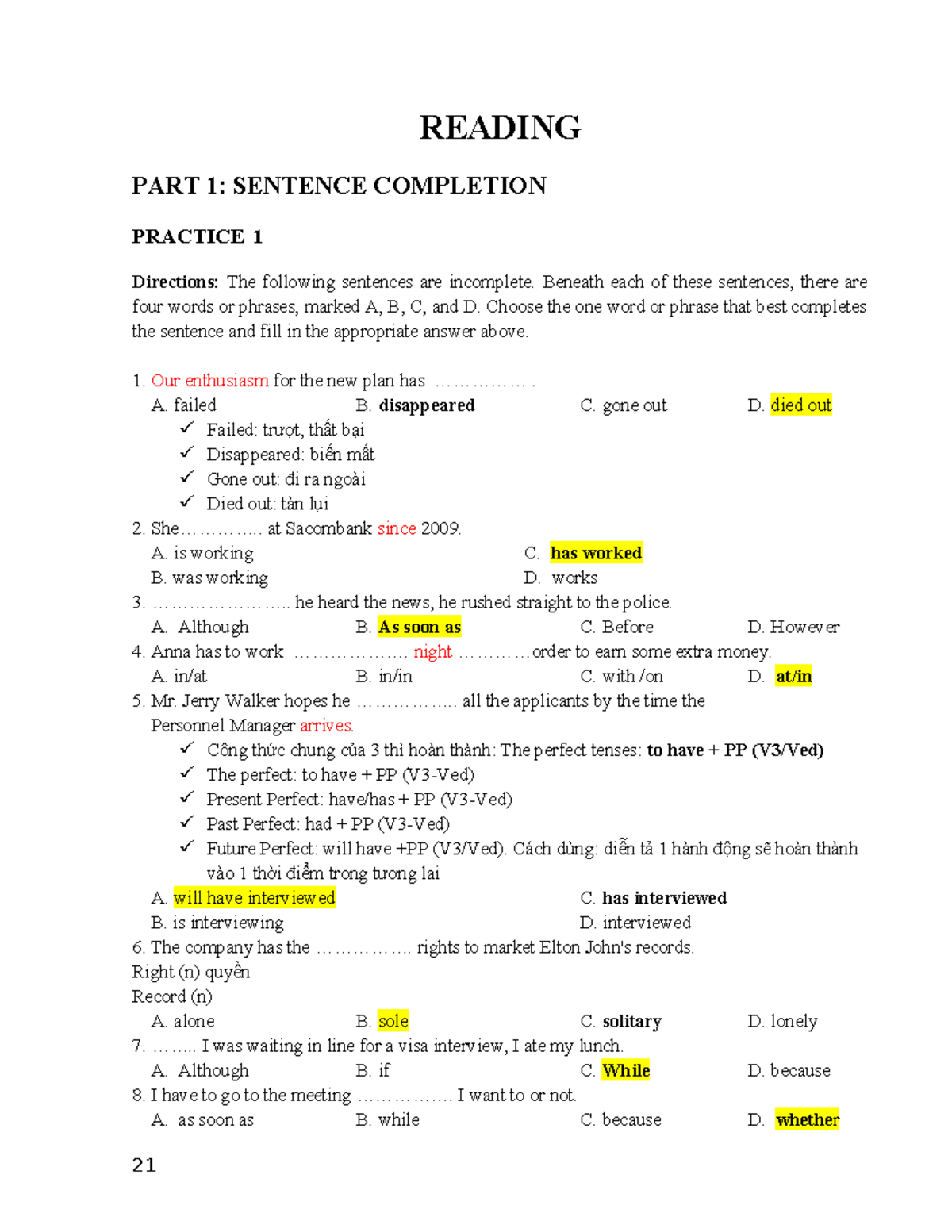 03.Sentence completion - READING PART 1: SENTENCE COMPLETION PRACTICE 1 ...