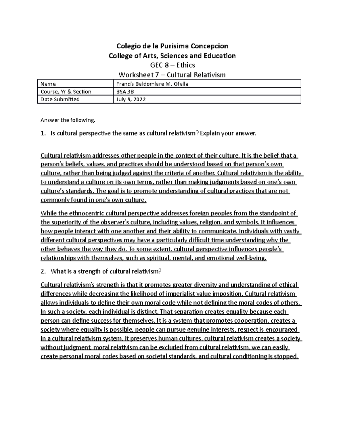 Gec 8 ws 7 summer - Ethics - Colegio de la Purisima Concepcion College ...