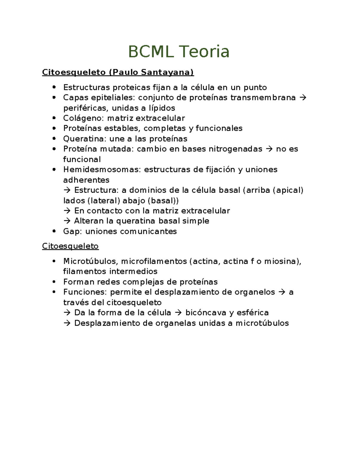 BCML TEMA 5 - Citoesqueleto - BCML Teoria Citoesqueleto (Paulo Santayana) Estructuras proteicas ...